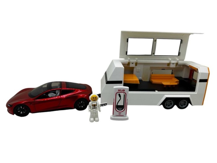 Macheta metal Tesla Roadster rosie cu rulota si figurina, scara 1:24 ...