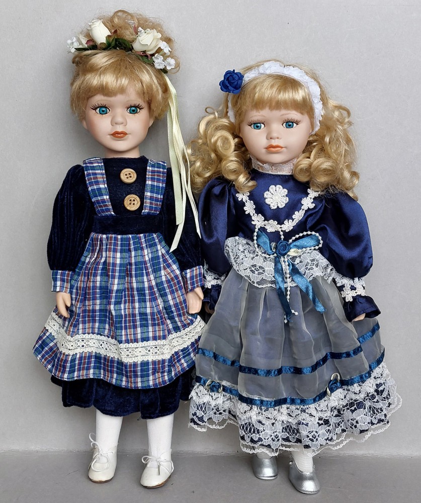 Set 2 papusi vintage de colectie din portelan, fetite rochii handmade ...