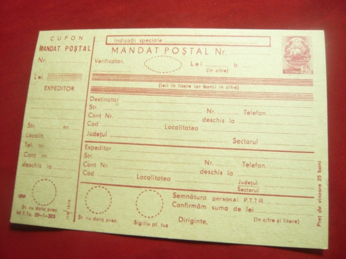 Formular Mandat Postal necirculat ,rosu ,RPR | Okazii.ro
