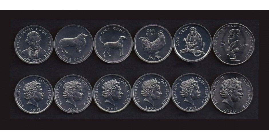 INSULELE COOK ? SET DE MONEDE ? 1+1+1+1+1+5 Cents ? UNC ? PESTE_2000 ...