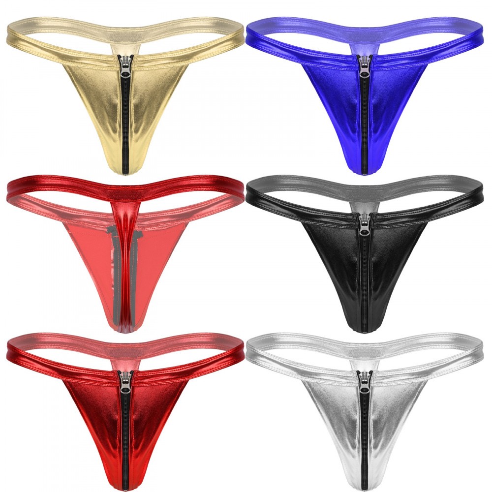 Chiloti Barbati Tanga Push Up Fermoar Metalic Zipper Wetlook Arhiva Okaziiro