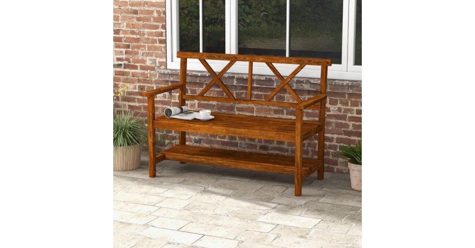 Outsunny Banca din Lemn, Banca cu 2 Locuri de Exterior cu Raft de Depozitare, Spatar, Cotiere ?i ...