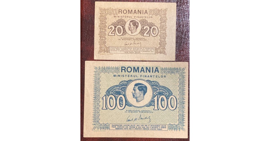 SET BANCNOTE REGALISTE 20 LEI si 100 LEI 1945, REGELE MIHAI I ...