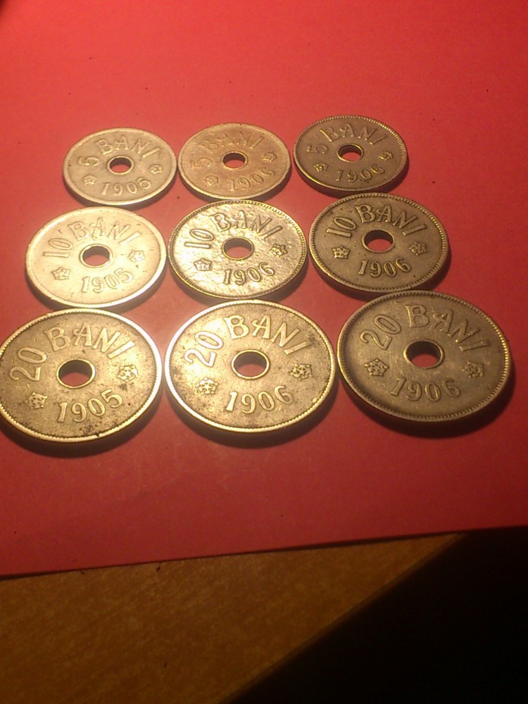 Set complet (lot monede Romania) 5 + 10 + 20 bani 1905 si 1906 (cu si ...