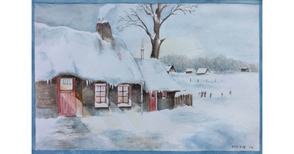 Peisaj de iarnă cu case, acuarelă, Peisaje, Acuarela, Art Deco | Okazii.ro