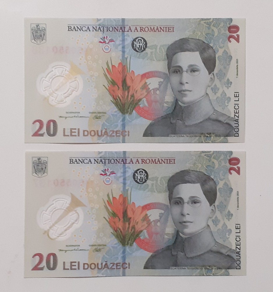 BANCNOTA ROMANIA 20 LEI 2021 ECATERINA TEODOROIU - 2 Bancnote ...