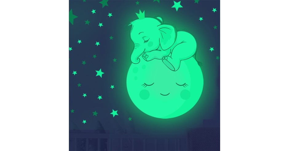 Stickere camera copii - baby elefant, luna si stele, autocolant luminos ...