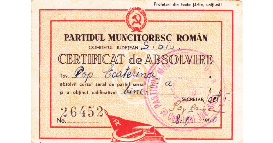 CERTIFICAT DE ABSOLVIRE CURSUL SERAL DE PARTID,PARTIDUL MUNCITORESC ...