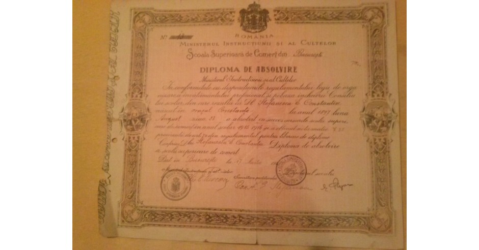 Diploma absolvire Scoala Superioara de Comert ,Bucuresti,Romania Regala ...