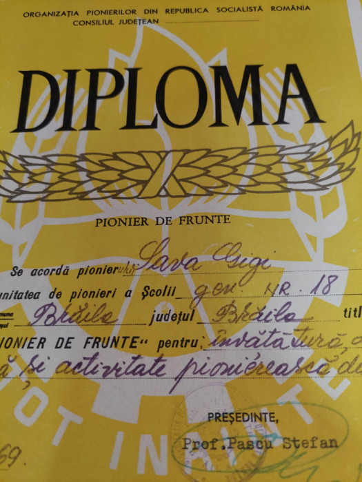 Diploma pionieri 1969 PIONIER DE FRUNTE,Organizatia pionierilor Braila ...