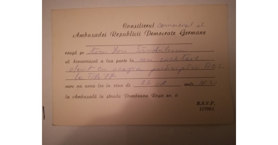 1987 Invitatie Ambasada RDG Bucuresti comunism comert exterior ...