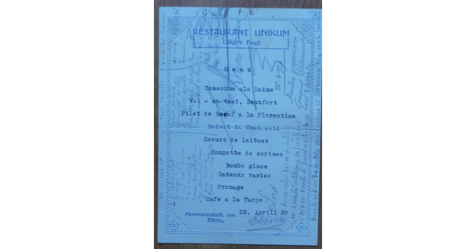 Meniu restaurant Unikum , Hermannstadt , Sibiu ,1920 , autografe ...