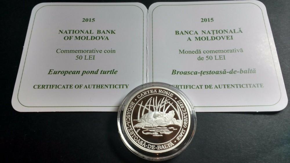 MOLDOVA - 2015: 50 LEI MONEDA ARGINT PROOF Broasca Testoasa de Balta ...