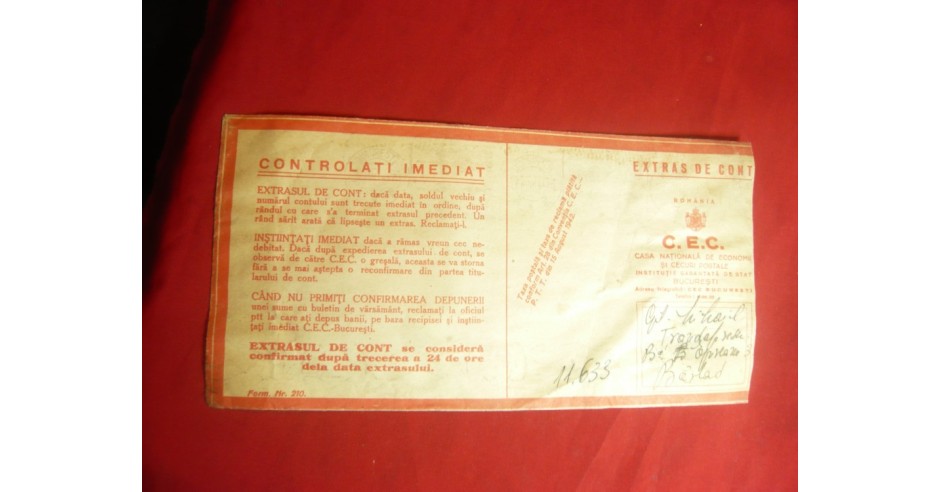 Plic de Extras de Cont 1944 circulat , CEC la Barlad | Okazii.ro