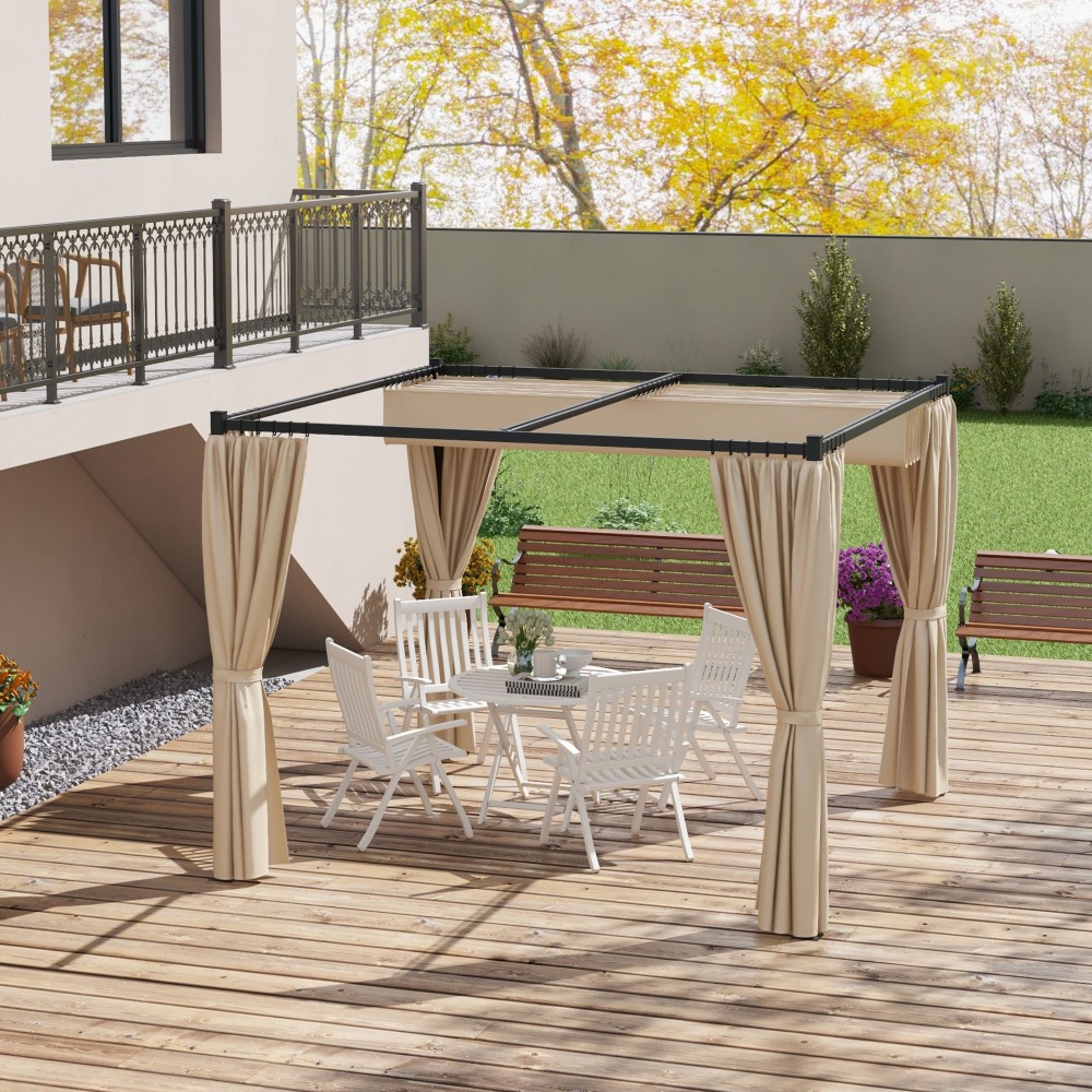 Outsunny Pergola cu copertina retractabila si perdele, Bej | Okazii.ro