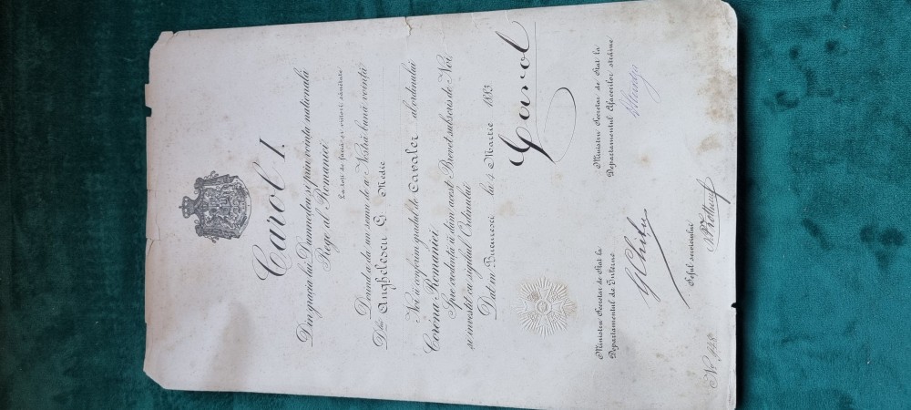 Brevet semnat olograf CAROL I , Coroana Romaniei in grad de cavaler, an ...
