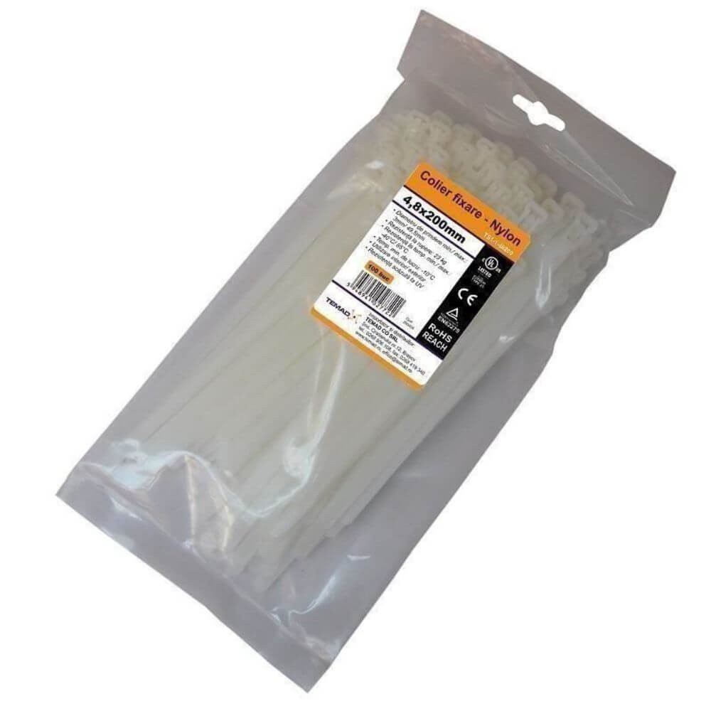 Set 100 Coliere Fixare Nylon, 4.8x200 mm, Alb, Colier din Nylon pentru ...