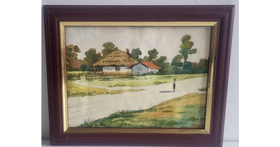 PICTURA in acuarela, tablou -Casuta la tara- 25x20cm, pictor necunoscut ...