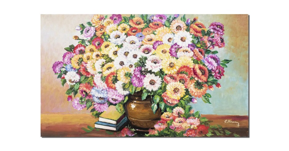 Tablou deosebit pictat manual, Vaza cu crizanteme, 100x60cm ulei pe ...