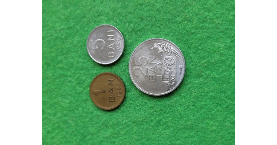 Monede 1 ban 1952, 5 bani 1976 si 25 bani 1982. | arhiva Okazii.ro
