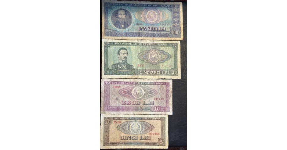 ROMANIA 1966,LOT PATRU BANCNOTE CIRCULATE:5,10,50,100 LEI PIESELE DIN ...