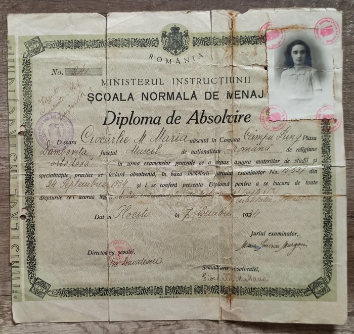 Diploma de absolvire Scoala Normala de Menaj, Campulung Muscel 1934 ...