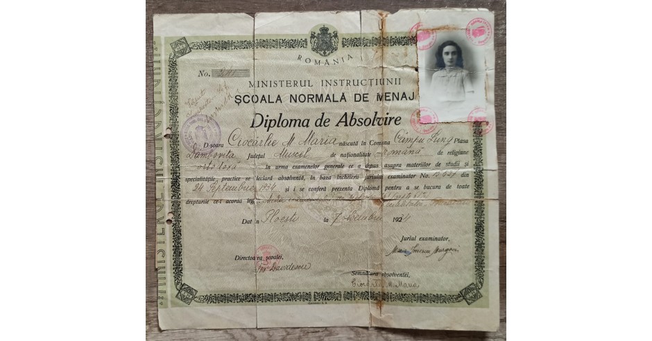 Diploma de absolvire Scoala Normala de Menaj, Campulung Muscel 1934 ...