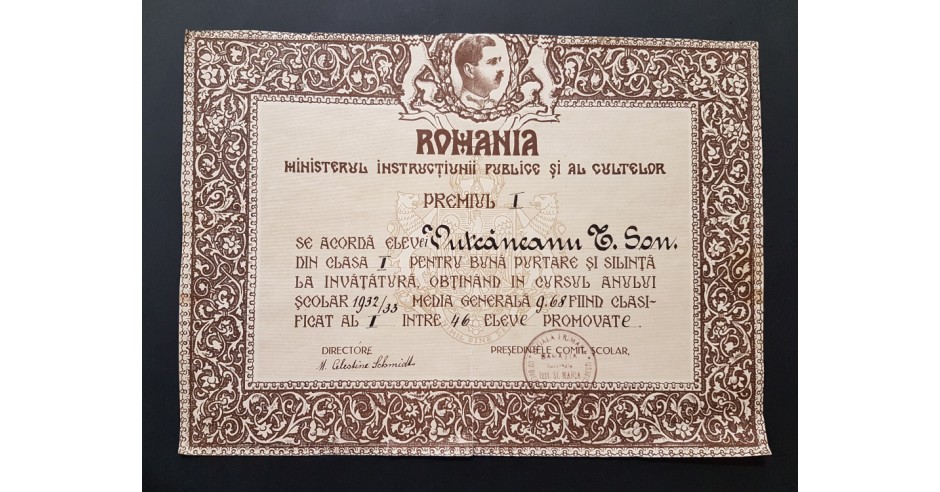 Diploma scolara per. Carol al II lea , premiul I , 1933 | arhiva Okazii.ro