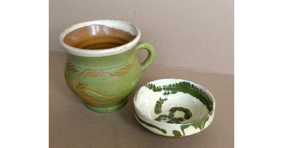 Cana cu toarta + mic castron din ceramica, lucrate manual, arta ...