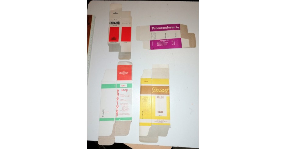 RARE = LOT 4 AMBALAJE VECHI ROMANESTI / CUTII / ETICHETE MEDICAMENTE ...