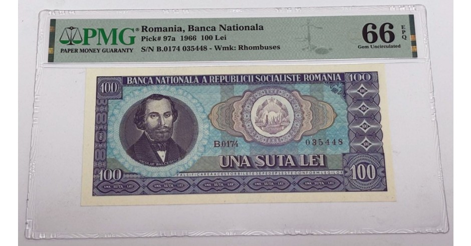 Bancnota romaneasca de colectie - 100 lei 1966 gradata PMG EPQ66 ...
