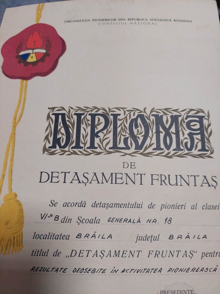 Diploma PIONIER-DIPLOMA DE DETASAMENT FRUNTAS-ORGANIZATIA PIONIERILOR ...