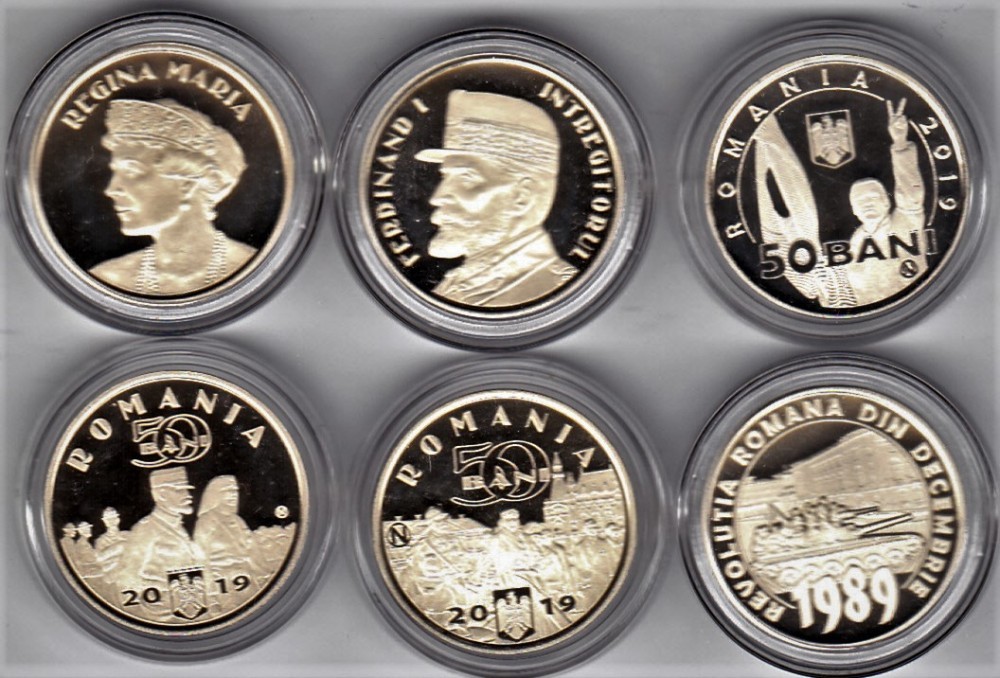 Lot 3 monede comemorative 50 bani 2019 PROOF Ferdinand+regina Maria ...