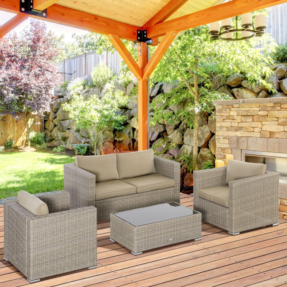 Outsunny Set Mobila de Gradina 4 Piese din Ratan PE, Salon de Exterior ...