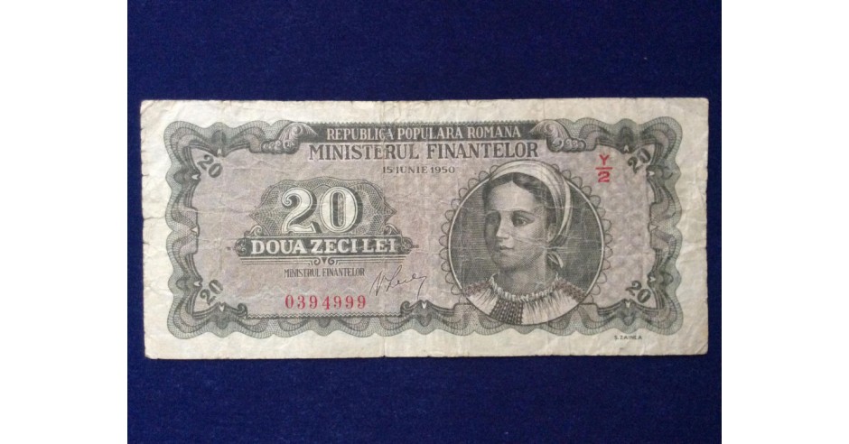 Bancnote Romania - 20 lei 1950 - seria Y. 0394999 (starea care se vede ...