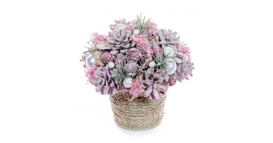 Decoratiune Craciun, cos cu flori si con de brad, roz, 17.5x19 cm ...