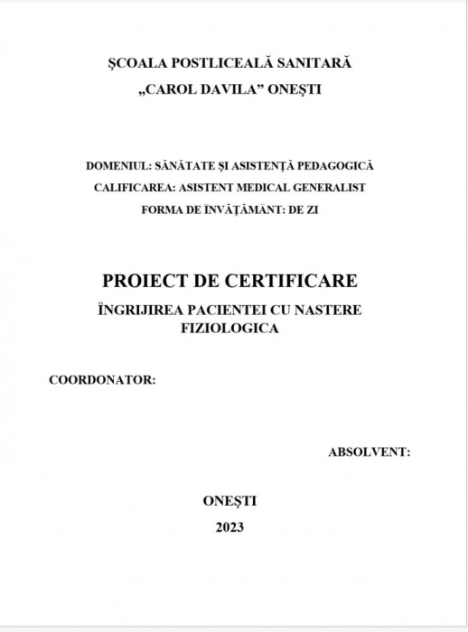 Proiect licență cu tema "Îngrijirea pacientei cu naștere fiziologică ...