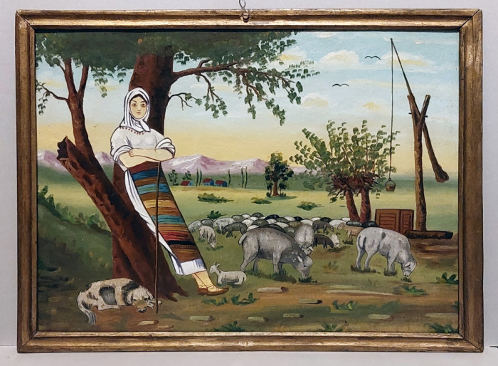 Tarancuta cu mioare - pictura ulei pe carton anii 60, rama tablou 64 x ...