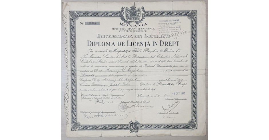 Diploma de licenta in Drept 1943 Universitatea din Bucuresti | arhiva ...
