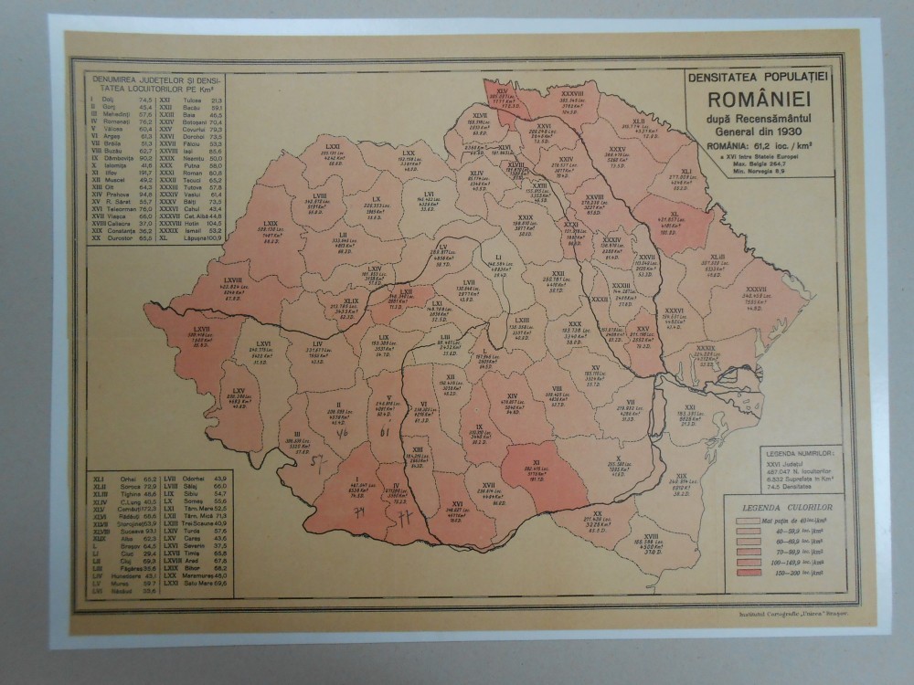 Harta Romania Mare, 1930, Densitatea populatiei Romaniei 1930, Inst ...
