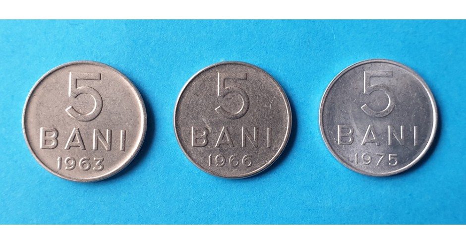 Moneda veche Lot x 3 piese ani diferiti 5 Bani 1963, 1966 & 1975 ...