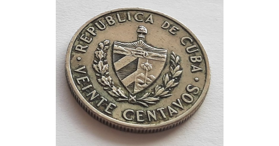 214. Moneda Cuba 20 Centavos 1968 ("Veinte" - national hero Jose Marti ...