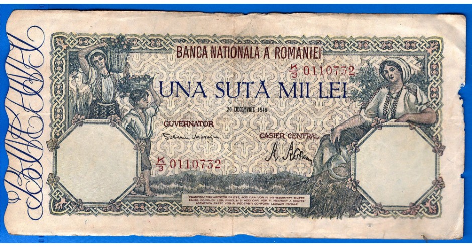 (74) BANCNOTA ROMANIA - 100.000 LEI 1946 (20 DECEMBRIE 1946), FILIGRAN ORIZONTAL | arhiva Okazii.ro