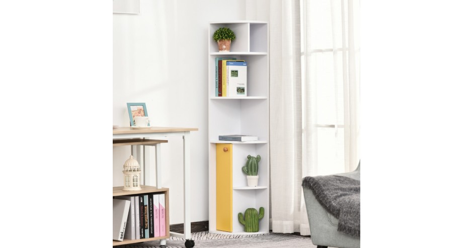HOMCOM Raft de Colt din Lemn Alb cu 5 Etajere si Dulapior Galben 29 ...