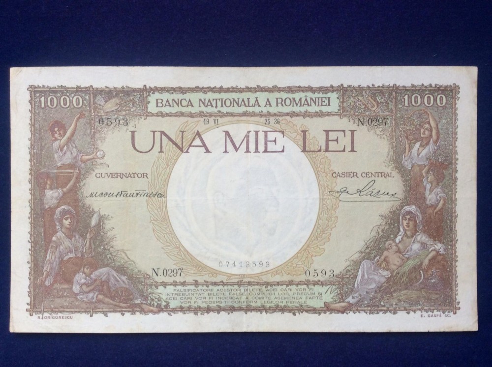 Bancnote Romania - 1000 lei 1936 - seria N.0297 0593 (starea care se ...