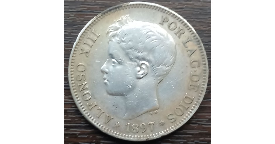 (A520) MONEDA DIN ARGINT SPANIA - 5 PESETAS 1897 SGV, REGELE ALFONSO ...