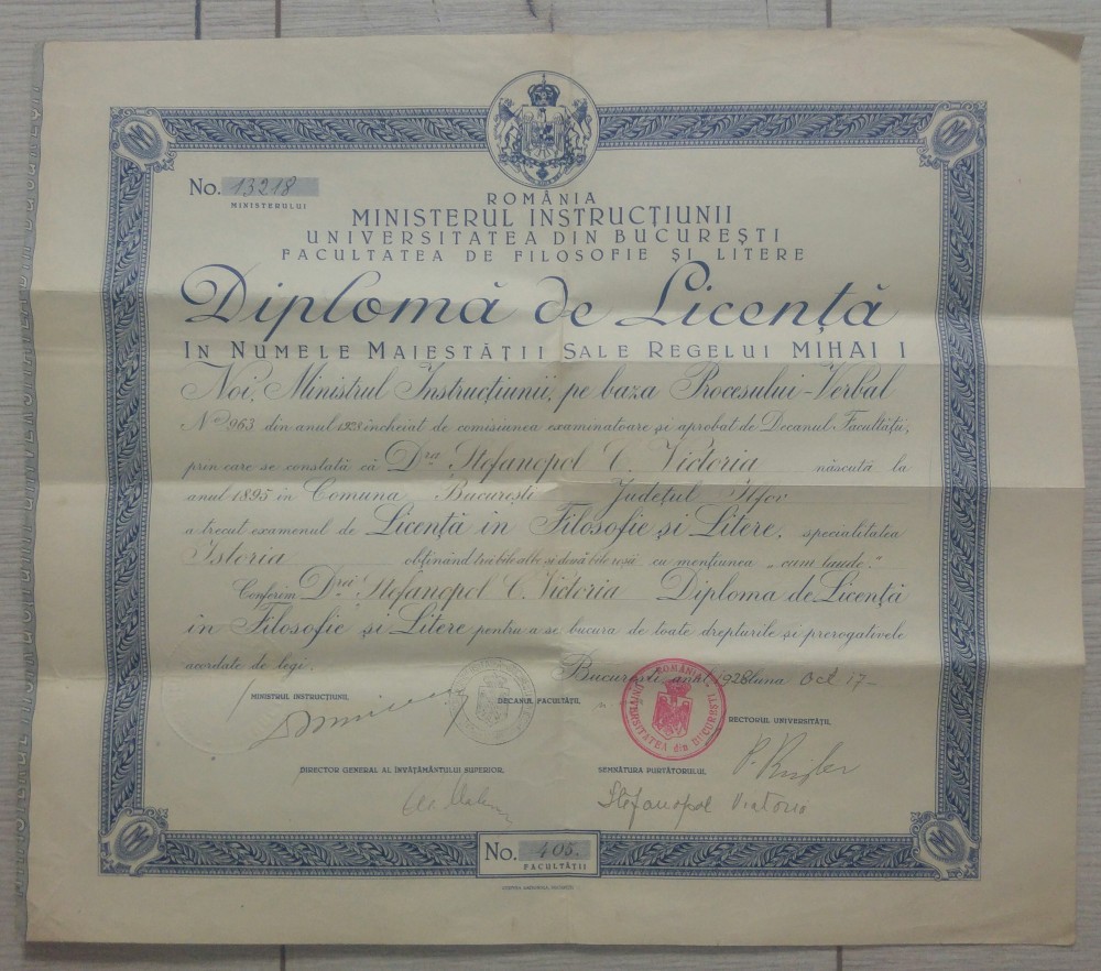 Diploma de licenta Facultatea de Filosofie si Litere Bucuresti/ 1928 ...