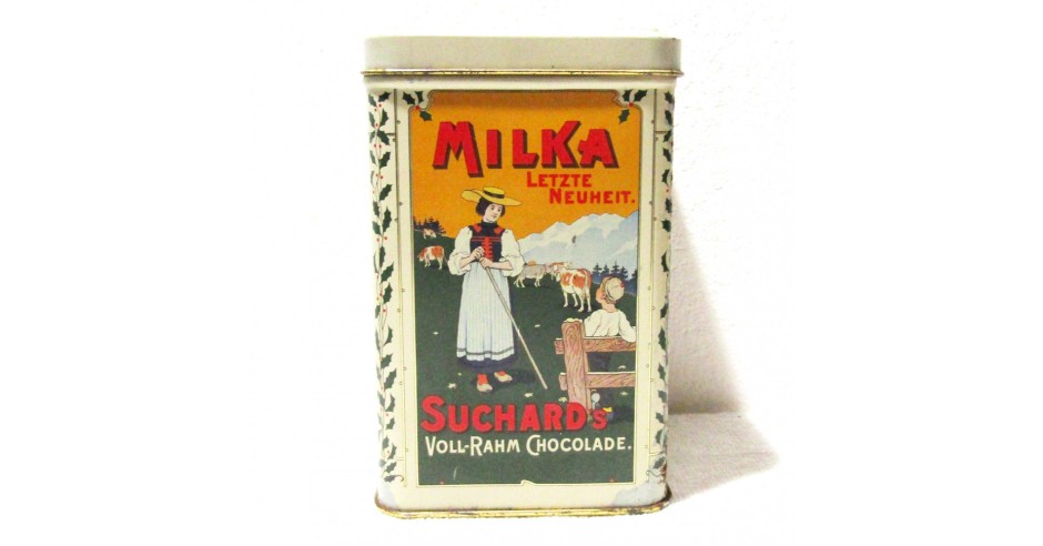 Cutie veche din tabla cu reclama Milka Letzte Neuheit Suchard Cacao ...