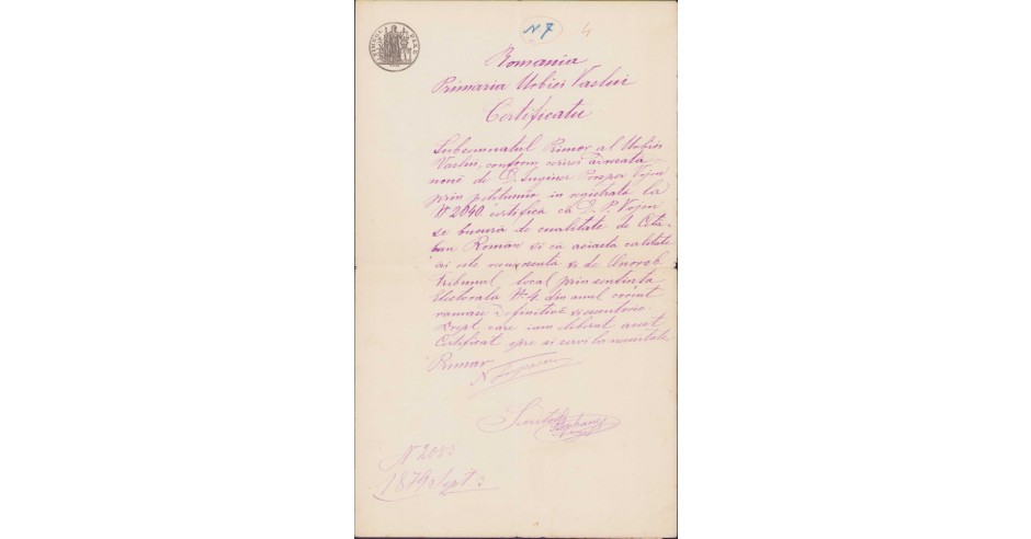 HST 246S Certificat cetățenie română 1879 semnat olograf primar Vaslui ...