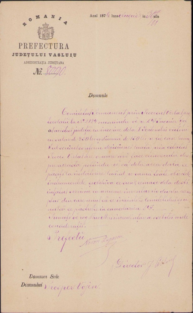 S337 Semnatura olografa prefect Neron Lupascu Vaslui 1876 inginer Vojen ...